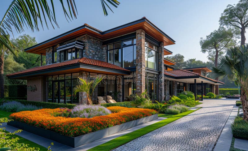 Modern House with Garden. Large House with Modern Landscaping Stock ...