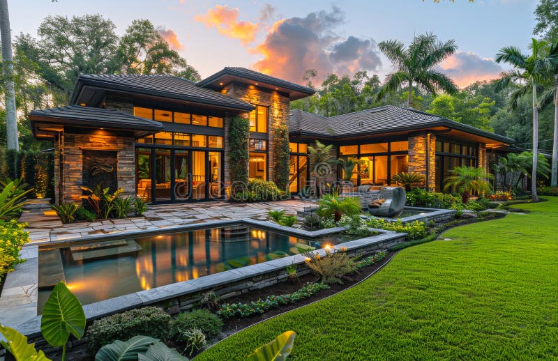 Modern House with Garden and Pool. Modern Design Stock Photo - Image of ...