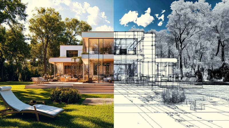 Modern House with Garden Showing Architectural Project and Final ...