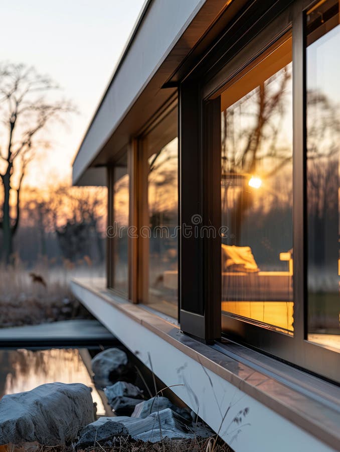 Modern House with Glass Windows at Sunset, Reflecting Nature. Stock ...