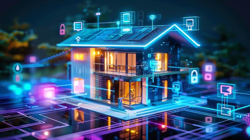 A Modern House with Glowing Digital Interfaces, Representing Smart Home ...