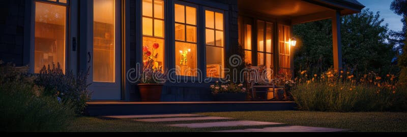 The Modern House Glows Under the Night Sky, with Warm Lights Spilling ...