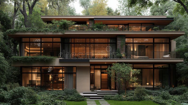 Modern House with Green Landscaping at Night Stock Photo - Image of ...