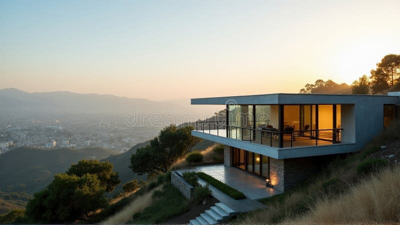 Modern House on Hillside Overlooking City at Sunset. Stock Illustration ...