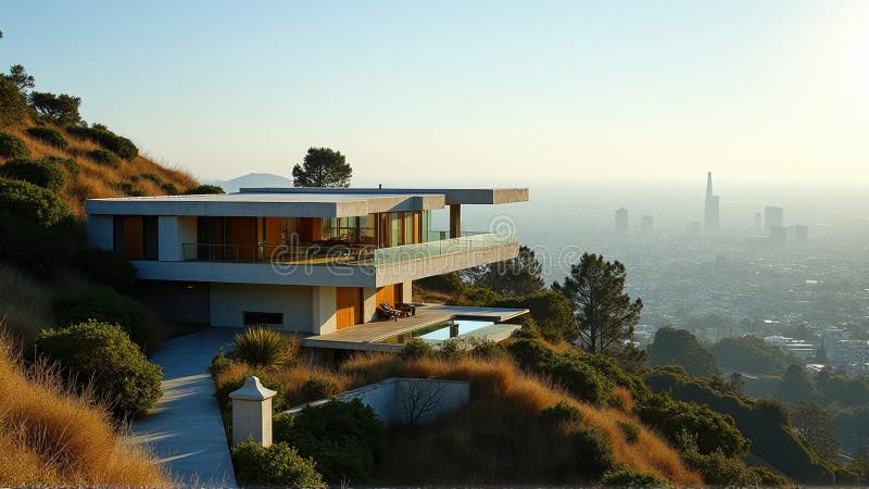 Modern House on Hilltop with City View. Stock Illustration ...