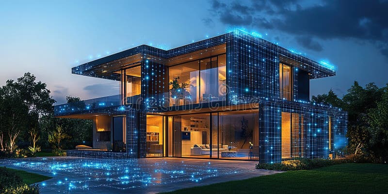 Modern House Illuminated with Digital Light Patterns at Dusk ...