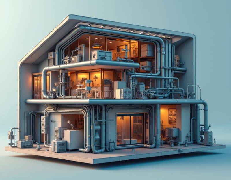 Modern House Illustration Features Complex Network of Pipes, Wires ...