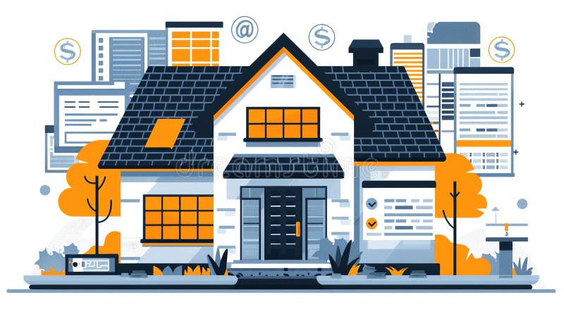 Modern House Illustration with Financial and Technology Elements in a ...