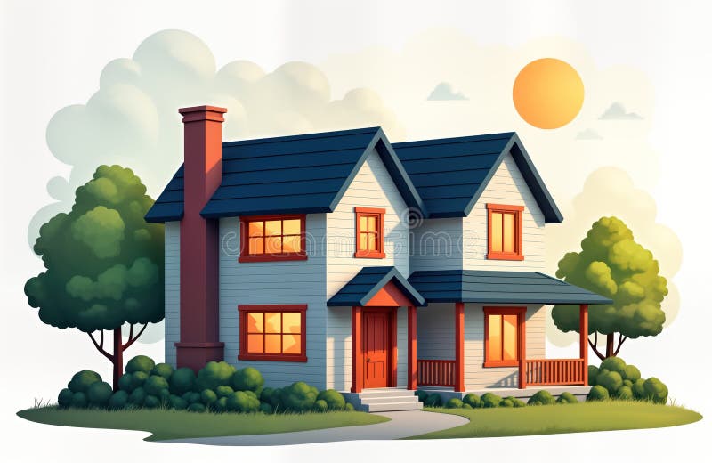 Modern House Illustration on White Background. Exterior View Shows Two ...