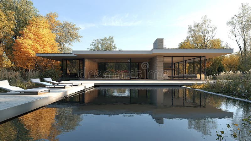 Modern House with Infinity Pool, Autumn Foliage, and Lounge Chairs ...