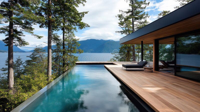 Modern House with Infinity Pool by a Lake Stock Illustration ...