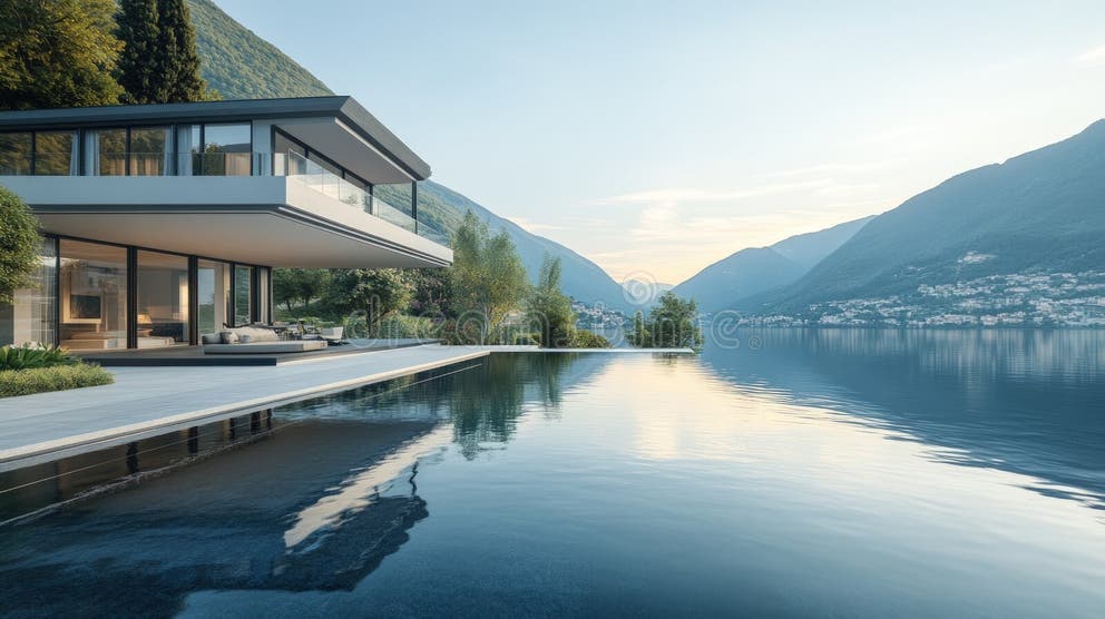 Modern House with Infinity Pool Overlooking a Lake Stock Illustration ...