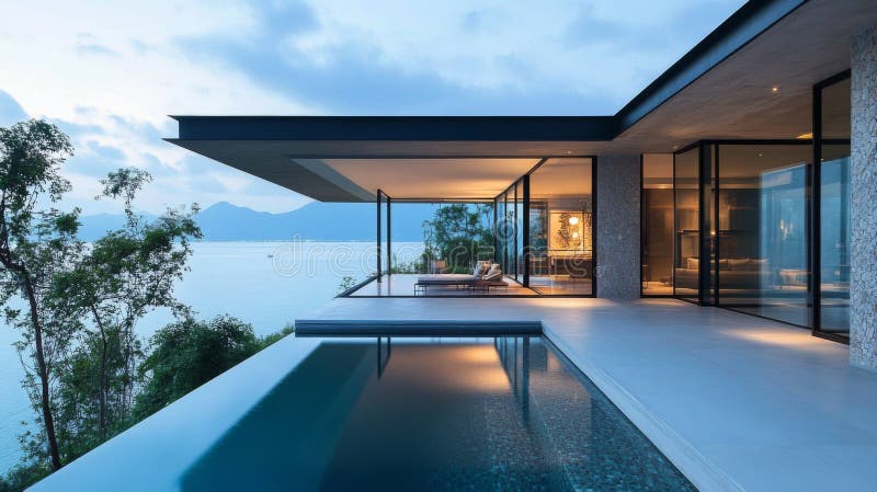 Modern House with Infinity Pool Overlooking a Lake and Mountains Stock ...