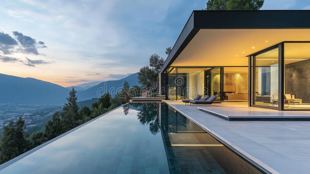 Modern House with Infinity Pool Overlooking Mountain Valley at Sunset ...
