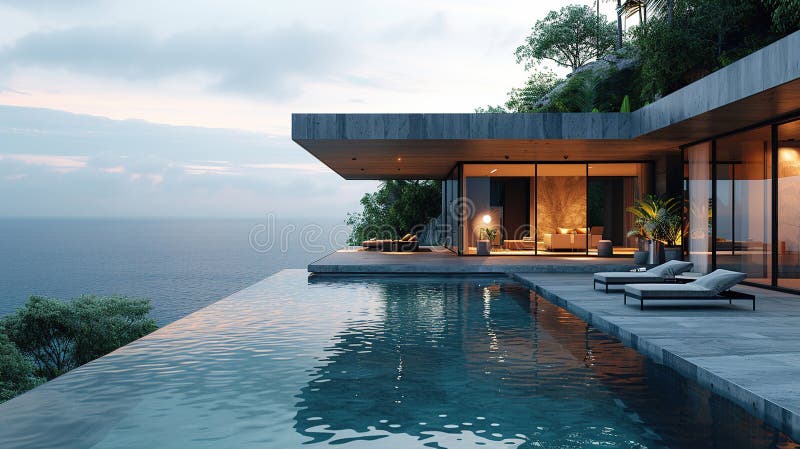 Modern House with Infinity Pool Overlooking the Ocean Stock ...