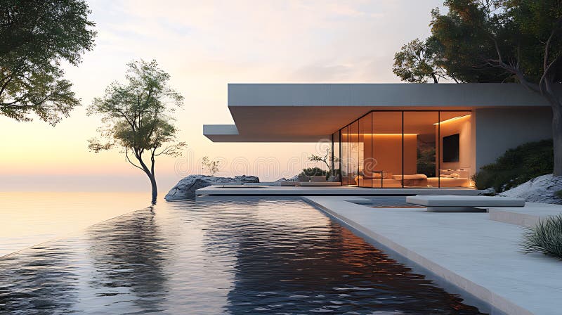 Modern House with Infinity Pool Overlooking the Ocean at Sunset Stock ...