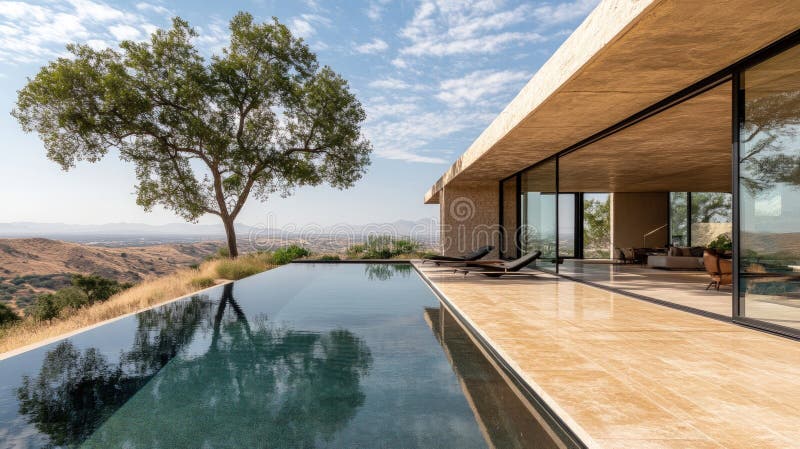 Modern House with Infinity Pool Overlooking a Valley Stock Illustration ...