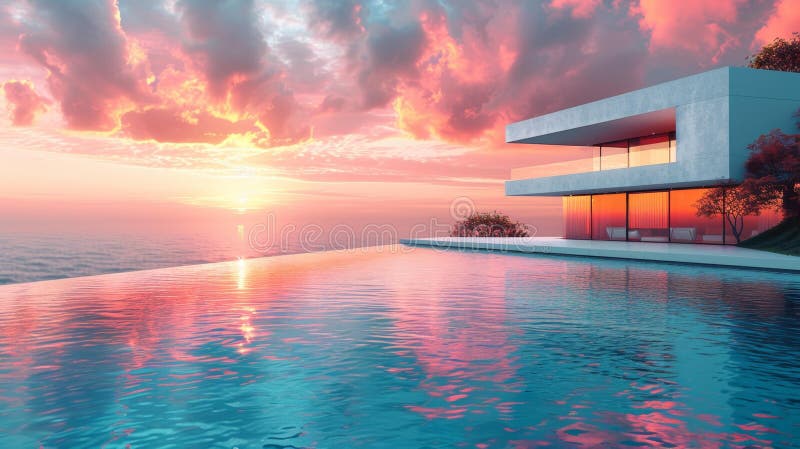 Modern House with Infinity Pool at Sunset - Generative Ai Stock ...