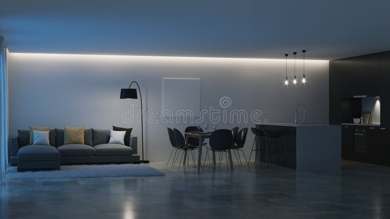 Modern House Interior. Black Kitchen. Night. Evening Lighting Stock ...