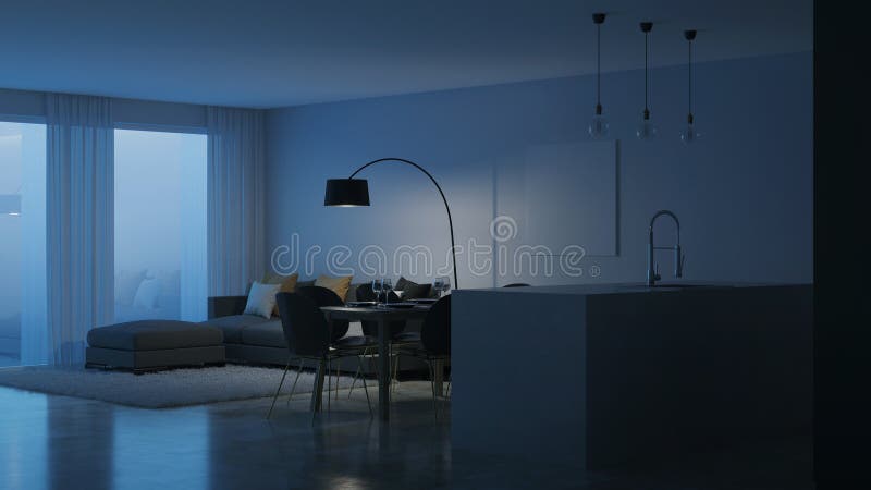 Modern House Interior. Black Kitchen. Night. Evening Lighting Stock ...