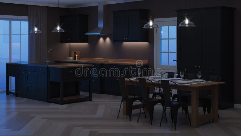 Modern House Interior. Interior with Black Kitchen. Night. Evening ...