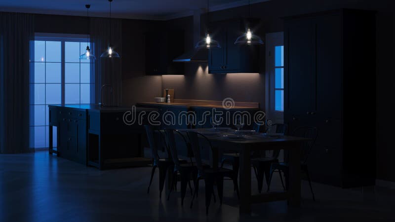 Modern House Interior. Interior with Black Kitchen. Night. Evening ...