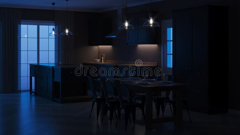 Modern House Interior. Interior with Black Kitchen. Night. Evening ...