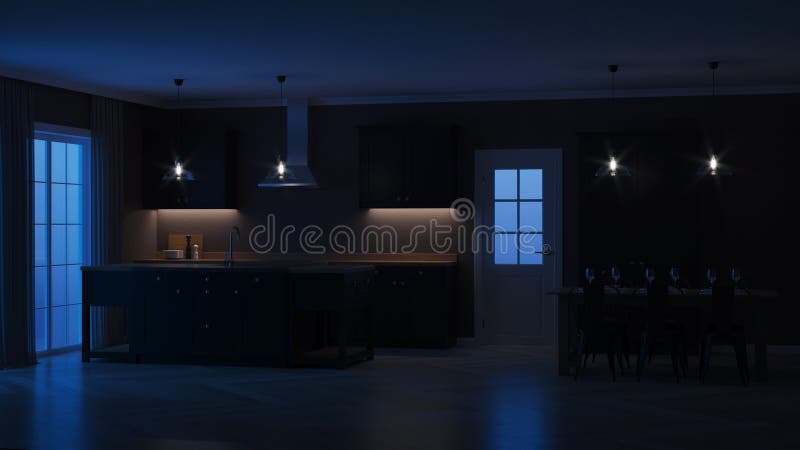 Modern House Interior. Interior with Black Kitchen. Night. Evening ...