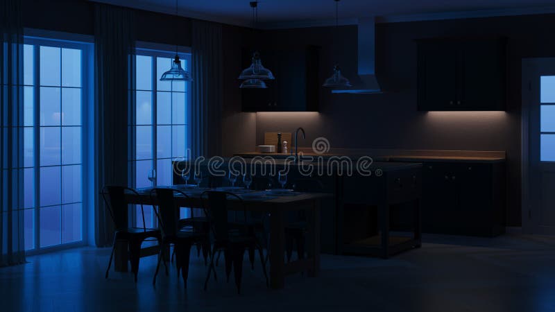 Modern House Interior. Interior with Black Kitchen. Night. Evening ...