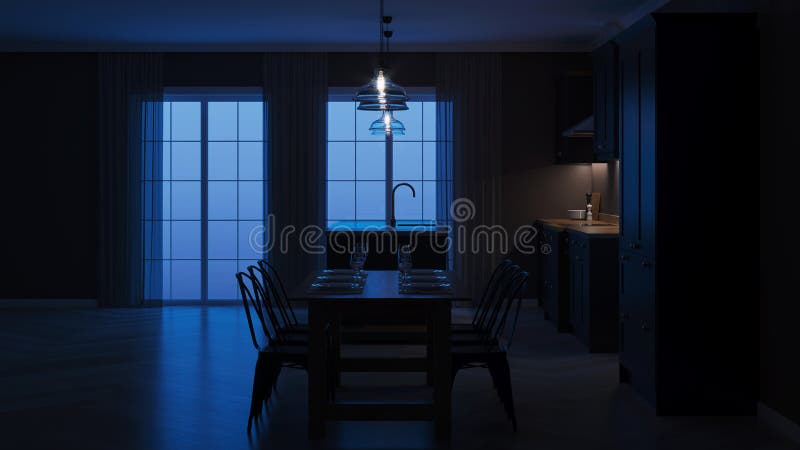 Modern House Interior. Interior with Black Kitchen. Night. Evening ...