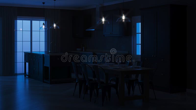 Modern House Interior. Interior with Black Kitchen. Night. Evening ...
