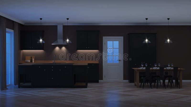 Modern House Interior. Interior with Black Kitchen. Night. Evening ...