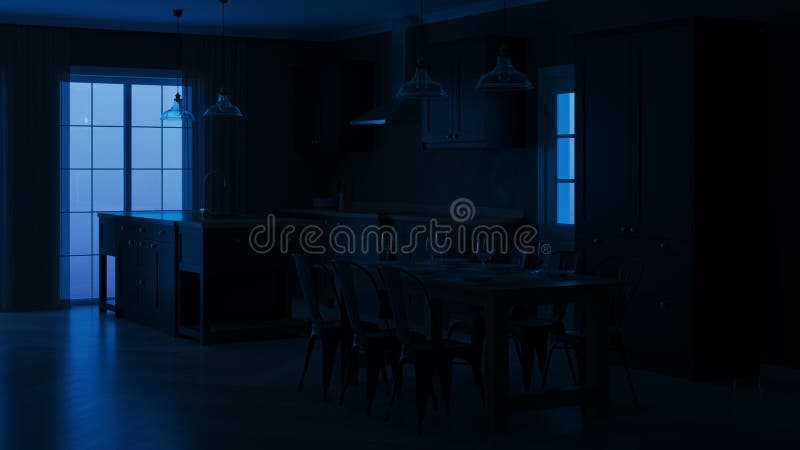 Modern House Interior. Interior with Black Kitchen. Night. Evening ...