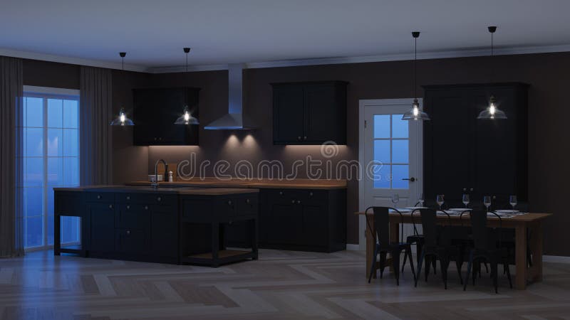 Modern House Interior. Interior with Black Kitchen. Night. Evening ...