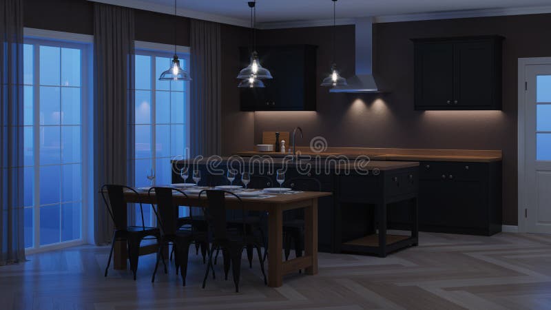 Modern House Interior. Interior with Black Kitchen. Night. Evening ...