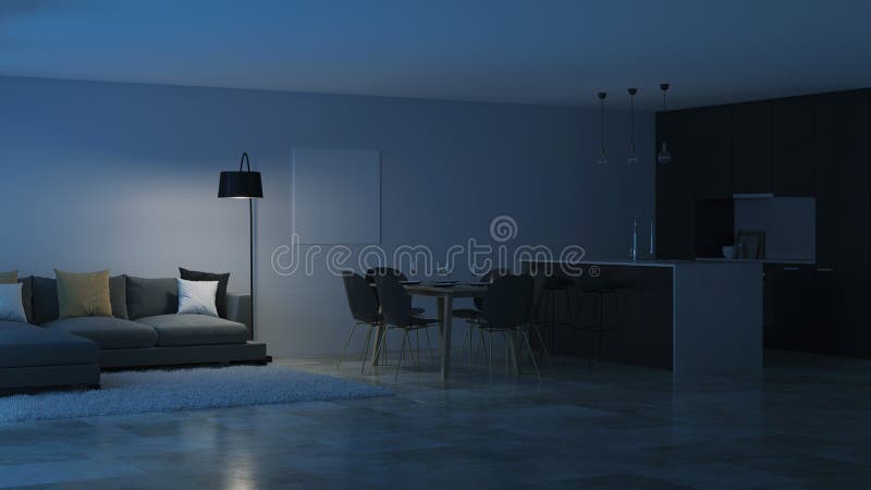 Modern House Interior. Black Kitchen. Night. Evening Lighting Stock ...