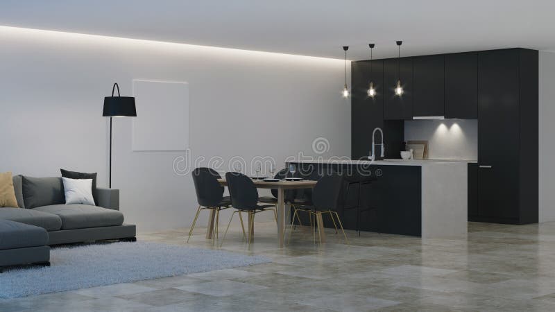 Modern House Interior. Black Kitchen. Night. Evening Lighting Stock ...