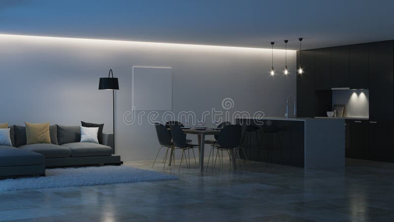 Modern House Interior. Black Kitchen. Night. Evening Lighting Stock ...