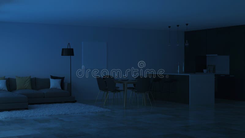 Modern House Interior. Black Kitchen. Night. Evening Lighting Stock ...
