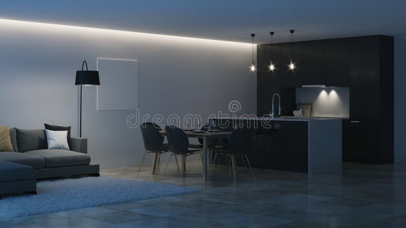 Modern House Interior. Black Kitchen. Night. Evening Lighting Stock ...