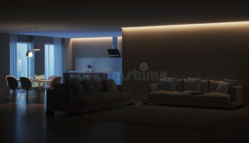 Modern House Interior. Blue Kitchen. Night. Evening Lighting Stock ...