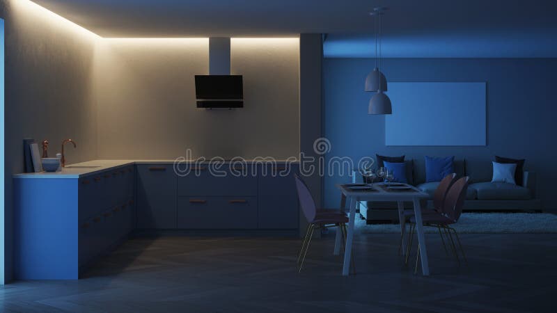 MModern House Interior. Blue Kitchen. Night. Stock Illustration ...