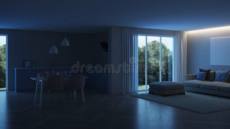 Modern House Interior. Blue Kitchen. Night. Stock Illustration ...
