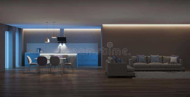 Modern House Interior. Blue Kitchen. Night. Evening Lighting Stock ...
