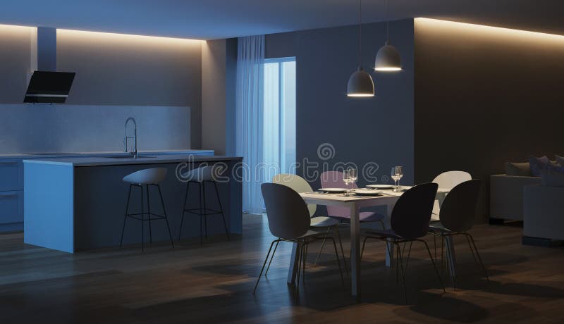 Modern House Interior. Blue Kitchen. Night. Evening Lighting Stock ...