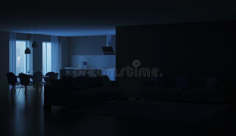 Modern House Interior. Blue Kitchen. Night. Evening Lighting Stock ...