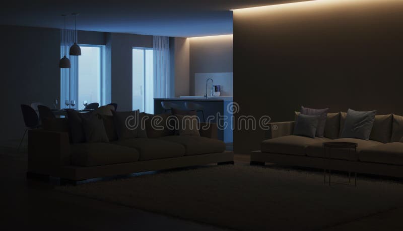 Modern House Interior. Blue Kitchen. Night. Evening Lighting Stock ...
