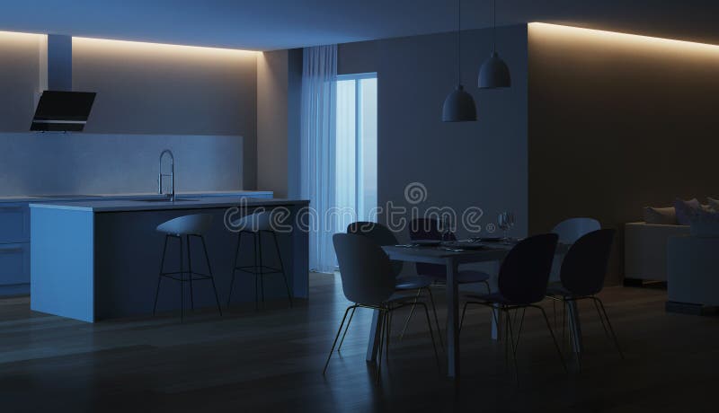 Modern House Interior. Blue Kitchen. Night. Evening Lighting Stock ...