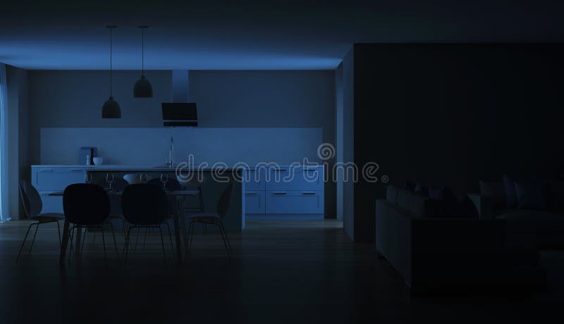Modern House Interior. Blue Kitchen. Night. Evening Lighting Stock ...