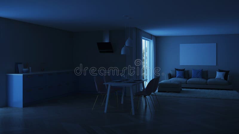 Modern House Interior. Blue Kitchen. Night Stock Illustration ...